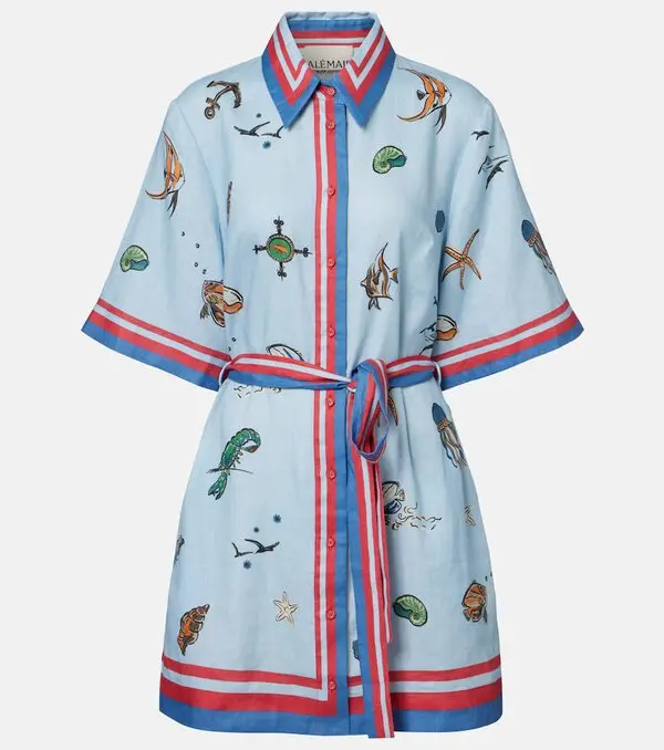 ALEMAIS Printed Belted Linen Shirt Dress - Blue