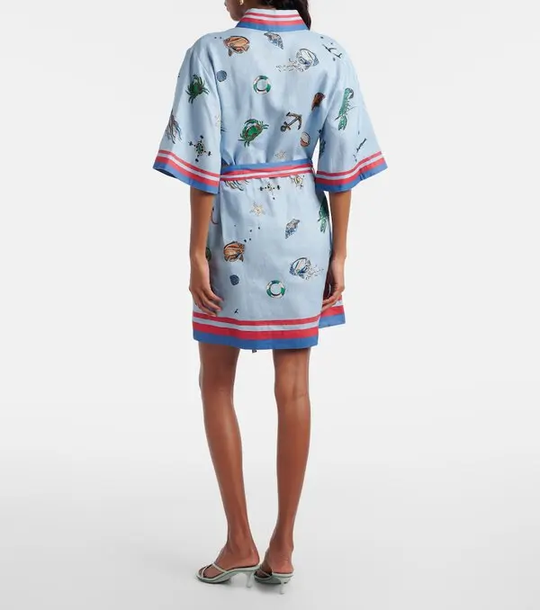 ALEMAIS Printed Belted Linen Shirt Dress - Blue