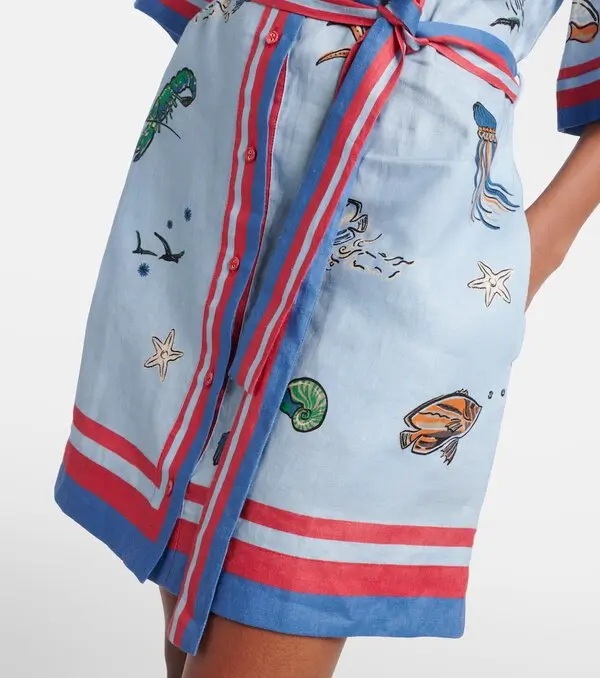 ALEMAIS Printed Belted Linen Shirt Dress - Blue
