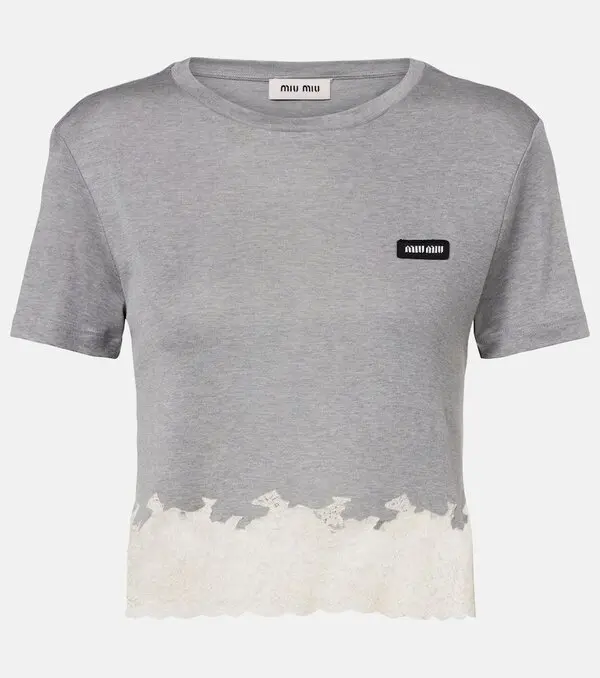 Miu Miu Lace-trimmed Silk Jersey Crop Top - Grey