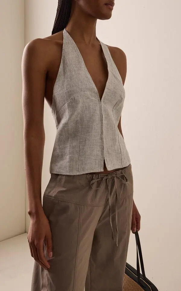 DEIJI STUDIOS Close Striped Linen Halter Top - White