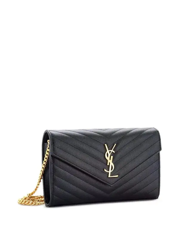 Saint Laurent Classic Monogram Wallet On Chain Matelasse Chevron Leather Medium Crossbody Bag - Black
