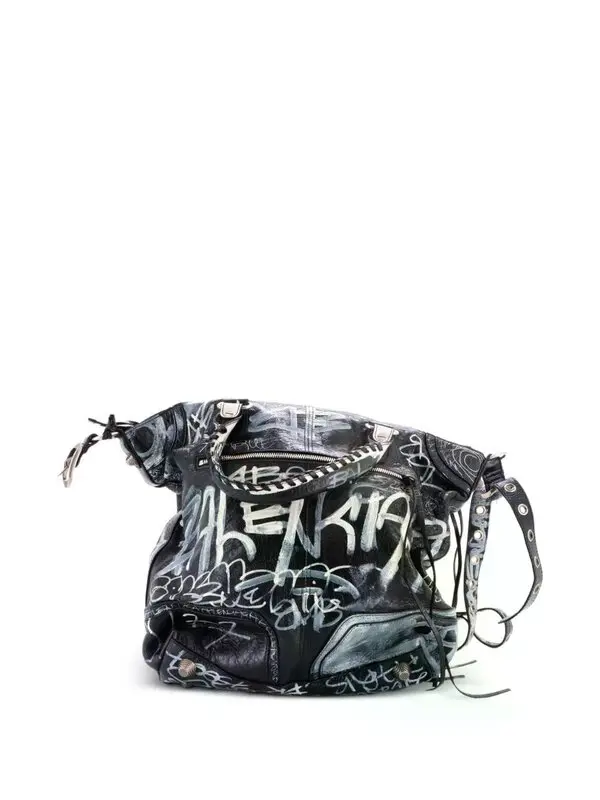 Balenciaga Le Cagole Graffiti Leather Medium Tote Bag - Black