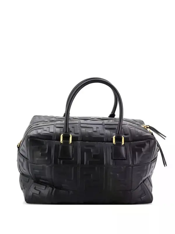 Fendi Boston Bag Zucca Embossed Leather Medium Handbag - Black