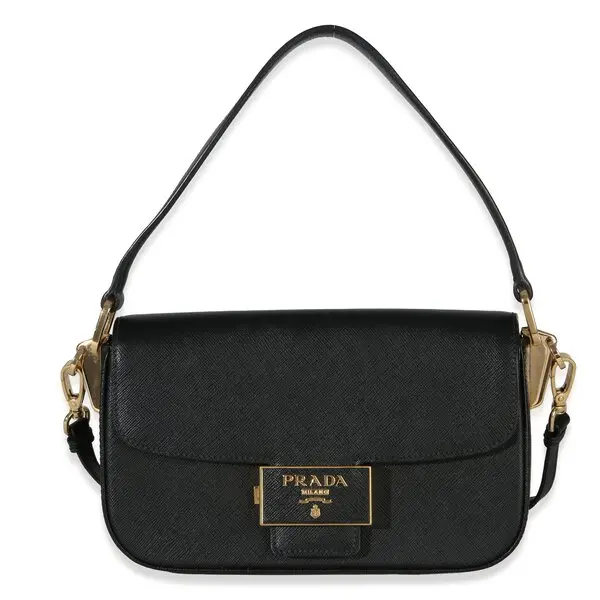 Prada Saffiano Lux Leather Embleme Flap Shoulder Bag - Black