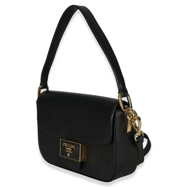 Prada Saffiano Lux Leather Embleme Flap Shoulder Bag - Black