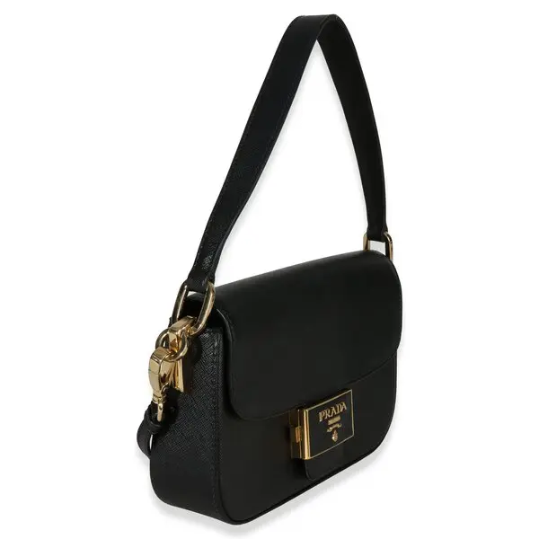 Prada Saffiano Lux Leather Embleme Flap Shoulder Bag - Black