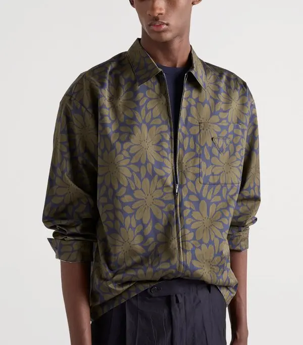 Prada Cotton-silk Zip-up Shirt With Floral Print