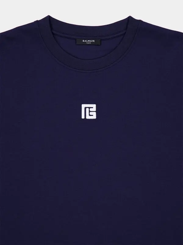 Balmain Navy T-shirt With Embroidered Pb Logo - Blue