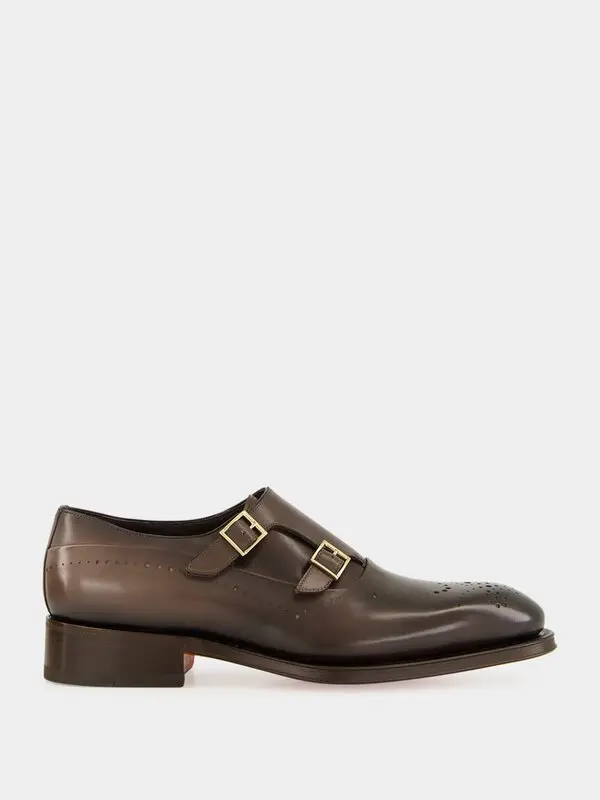Santoni Leather Double-buckle Brogue Shoes - Brown