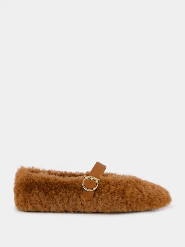 FERRAGAMO Cedar Shearling Ballet Flats - Brown