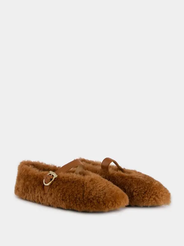 FERRAGAMO Cedar Shearling Ballet Flats - Brown