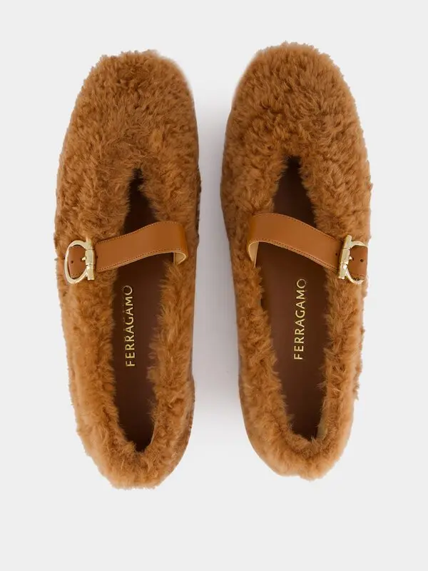 FERRAGAMO Cedar Shearling Ballet Flats - Brown