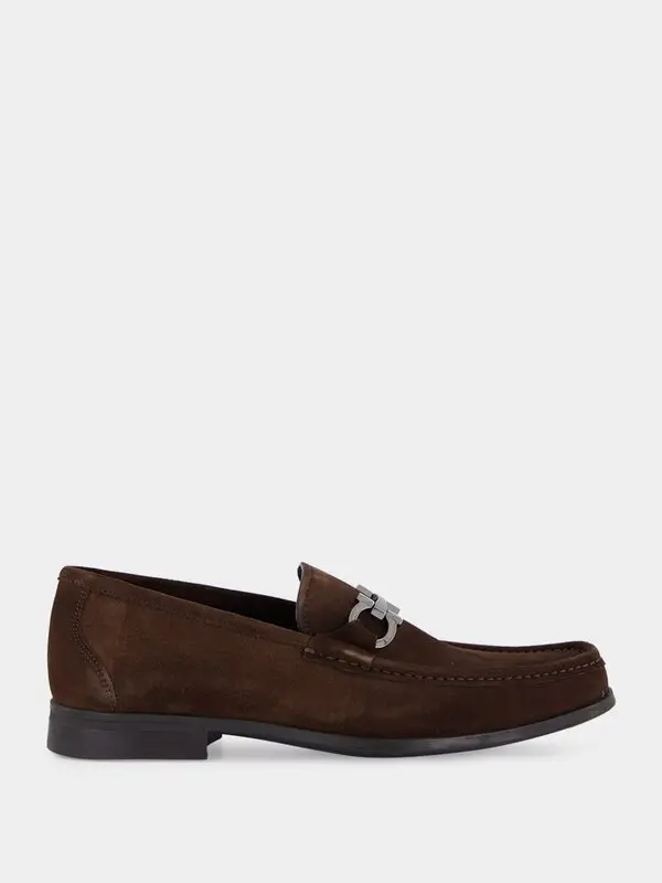 FERRAGAMO Suede Gancini Loafers - Brown