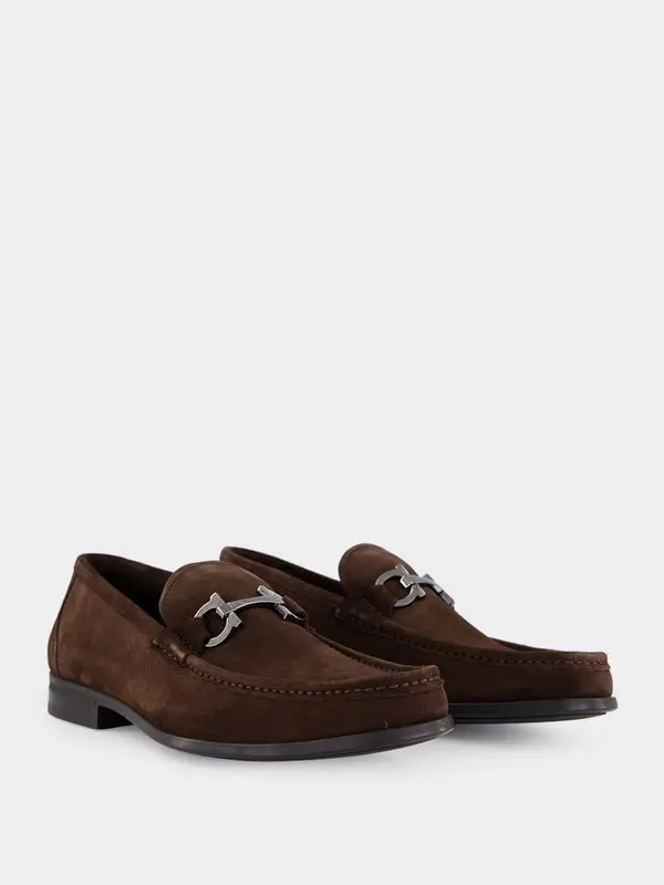 FERRAGAMO Suede Gancini Loafers - Brown