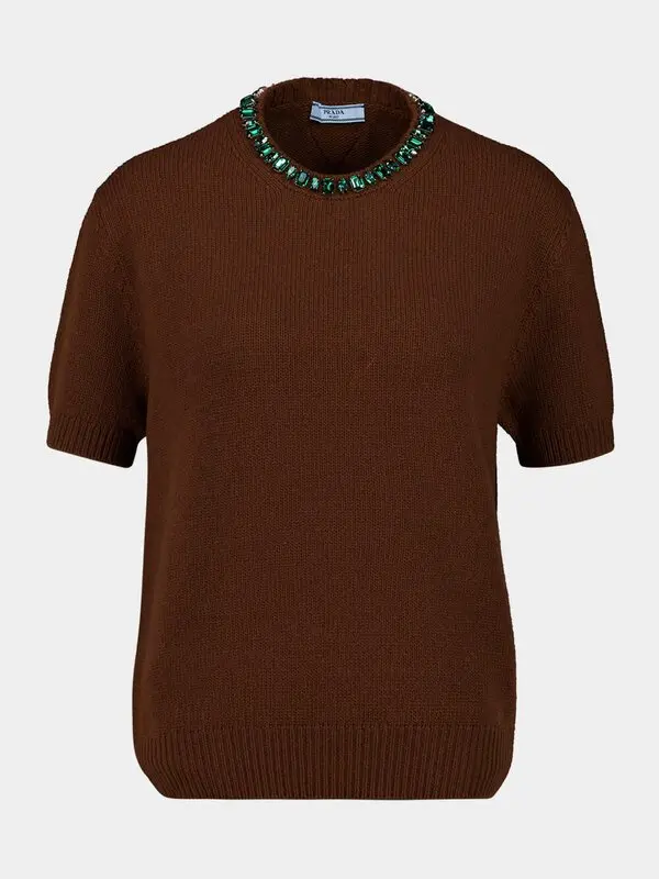Prada Wool-cashmere Sweater With Crystal Appliqués - Brown