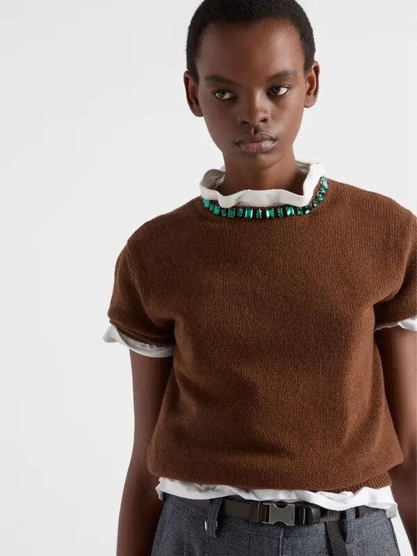 Prada Wool-cashmere Sweater With Crystal Appliqués - Brown