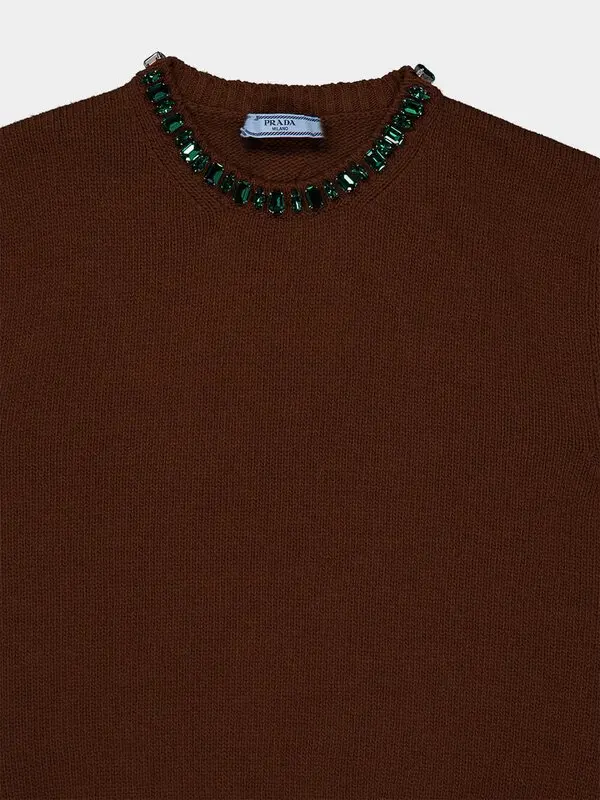 Prada Wool-cashmere Sweater With Crystal Appliqués - Brown