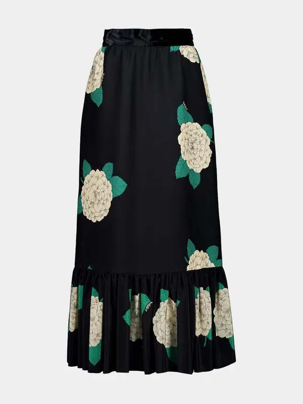 Valentino Garavani Midi Skirt With Floral Print And Ruffle Hem - Black