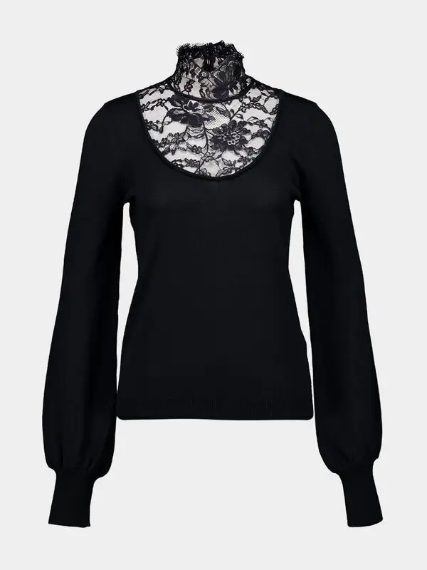 Valentino Garavani Crew-neck Jumper With Lace Details In Virgin Wool - Black