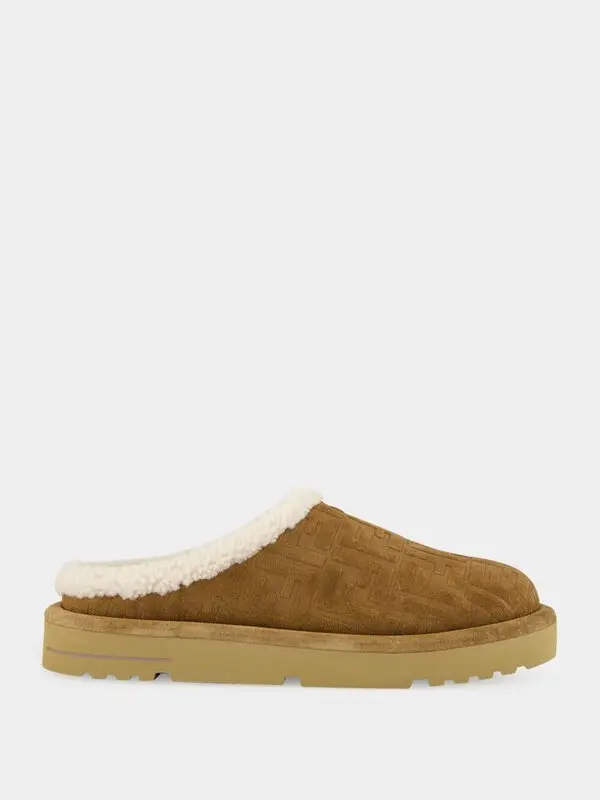 Fendi Suede Shearling Sabot Slippers - Brown