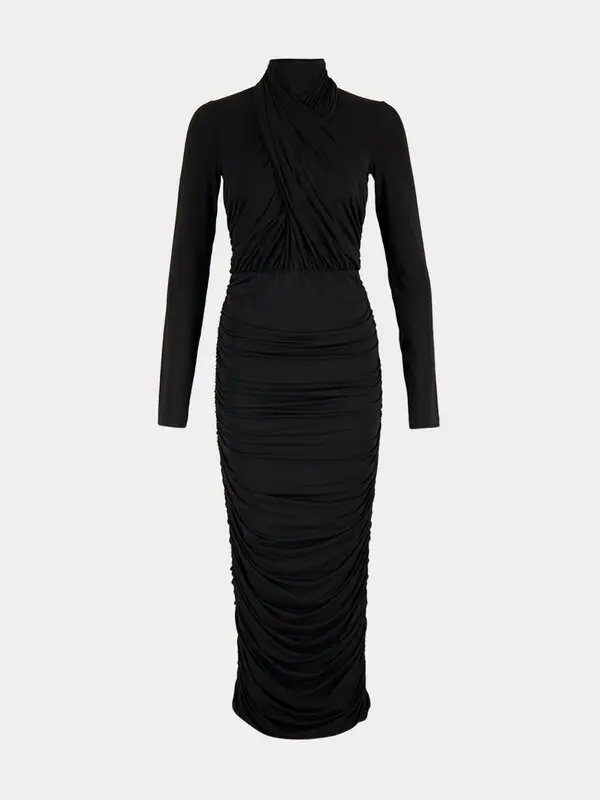 Balmain Pleated Jersey Midi Dress - Black