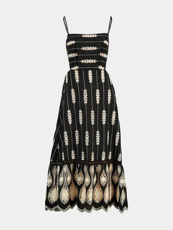 Johanna Ortiz Nostalgica Embroidered Voile Midi Dress - Black