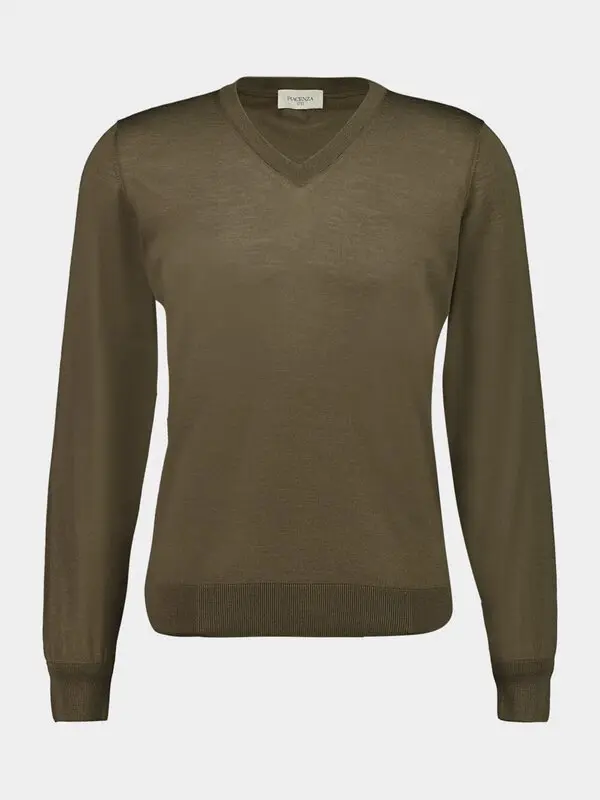PIACENZA CASHMERE 1733 Army Virgin Wool V-neck Jumper - Green