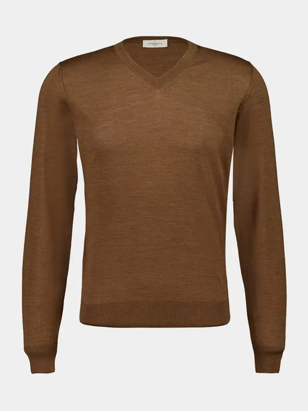 PIACENZA CASHMERE 1733 Light Virgin Wool V-neck Jumper - Brown