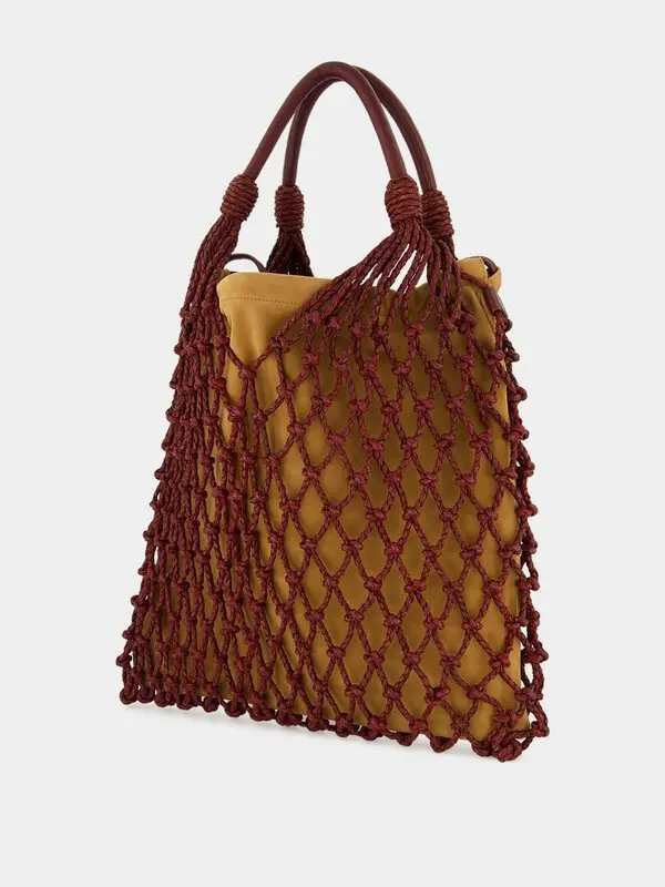 PAULA Big Marble Coffee Bean Leather Macramé Maxi Tote - Brown