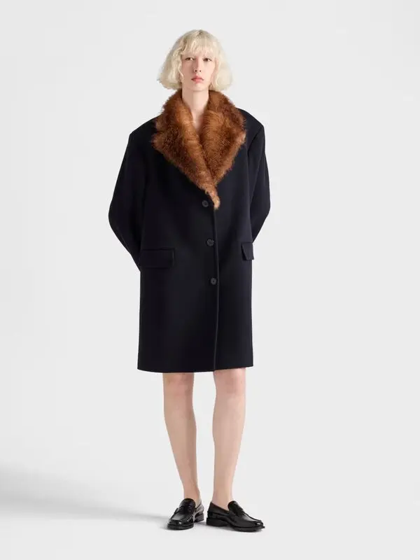 Prada Wool & Cashmere Single-breasted Coat With Shearling Collar - Blue
