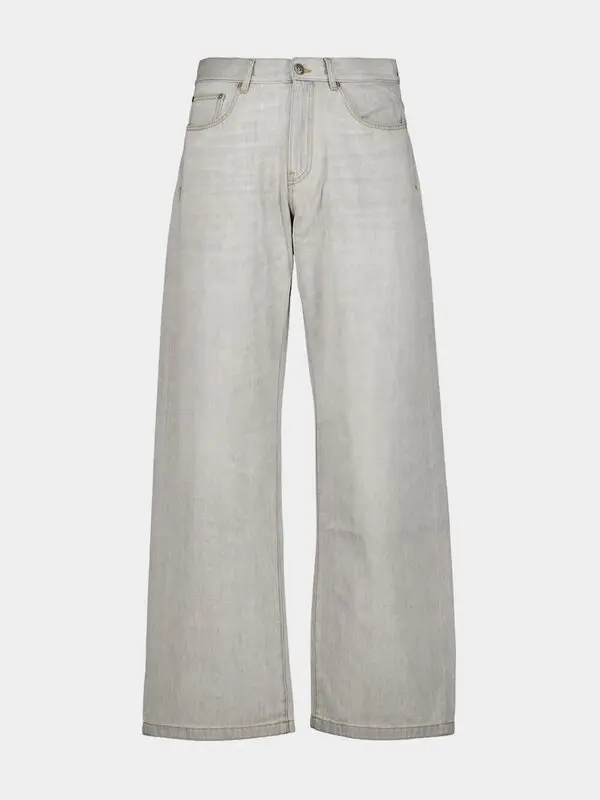 Palm Angels Light Loose Fit Jeans With Curved Logo - Grey
