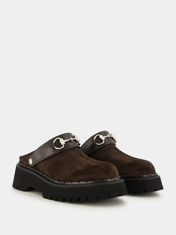 Gucci Suede Mule With Horsebit Detail - Brown