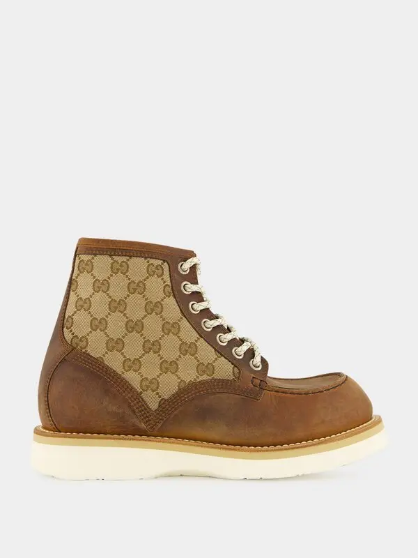 Gucci Leather Ankle Boot With Gg Canvas Insert - Brown