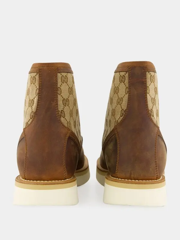Gucci Leather Ankle Boot With Gg Canvas Insert - Brown
