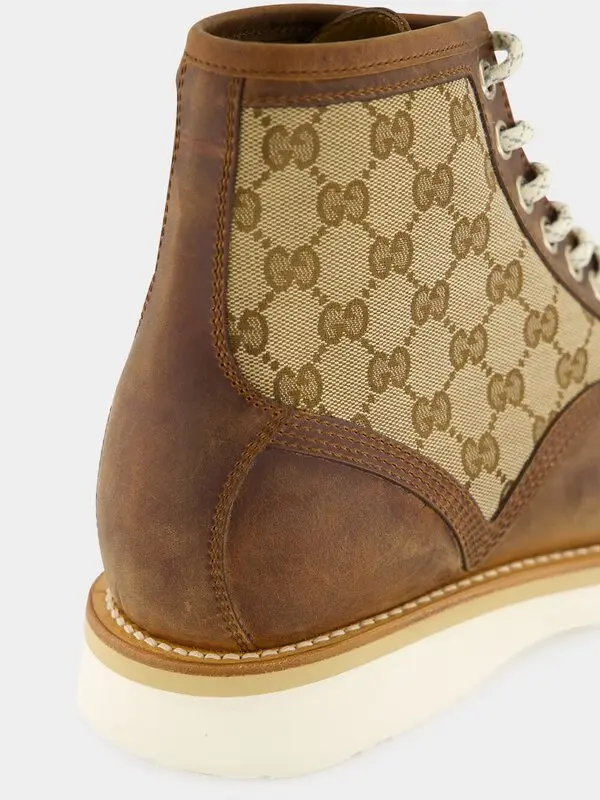 Gucci Leather Ankle Boot With Gg Canvas Insert - Brown