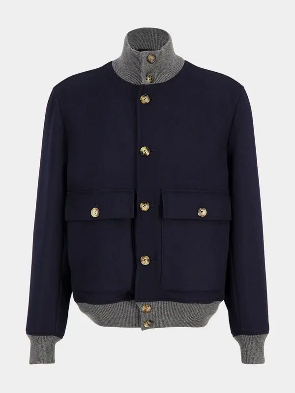 Brunello Cucinelli Wool Jacket With Knit Trim - Blue