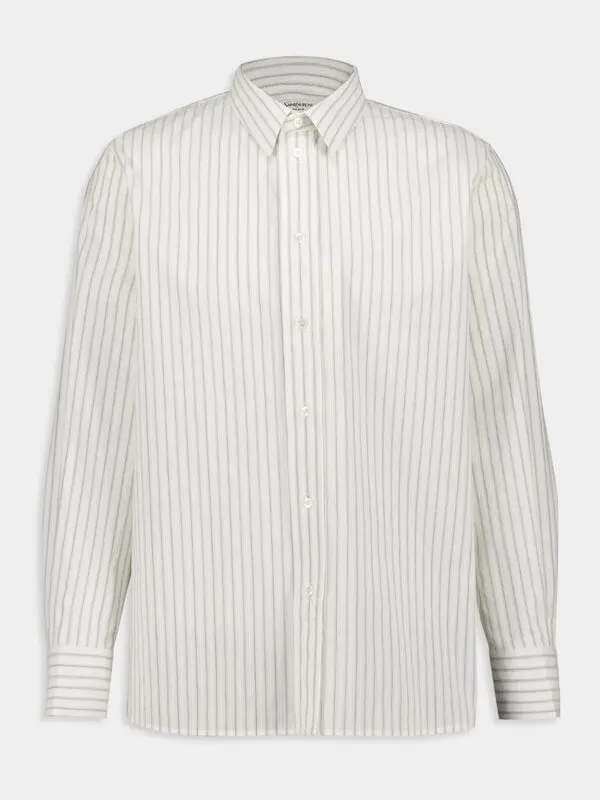 Saint Laurent Cassandre Shirt In Craie Noir Tack-stripe Poplin - White