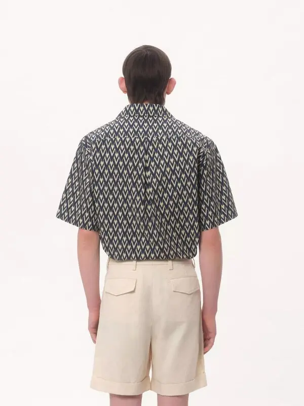 Valentino Garavani Navy Toute La V Cotton Popeline Bowling Shirt