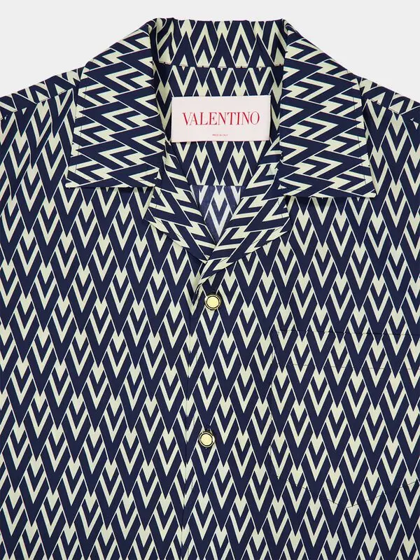 Valentino Garavani Navy Toute La V Cotton Popeline Bowling Shirt