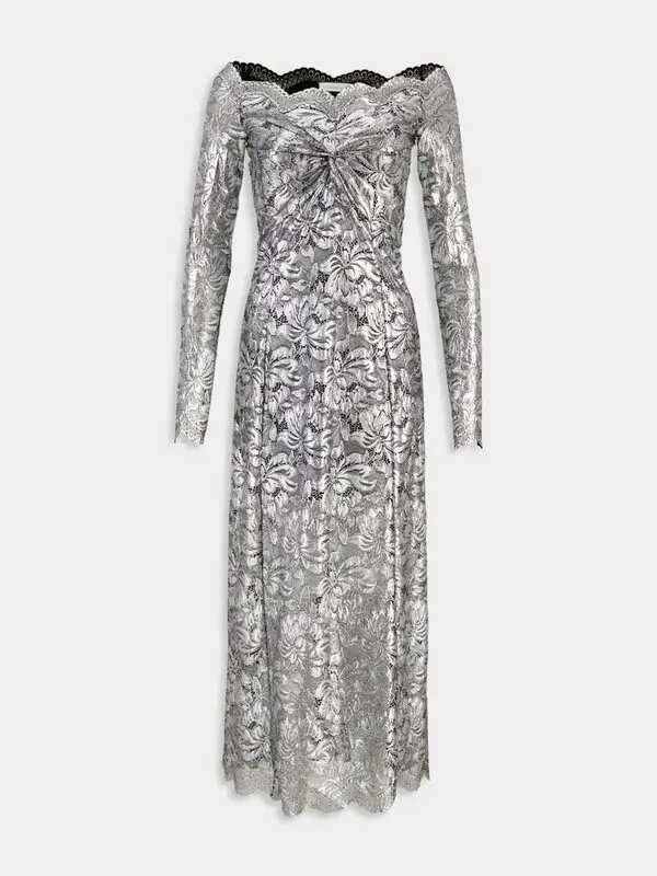 Rabanne Foil Lace Long Dress - Silver