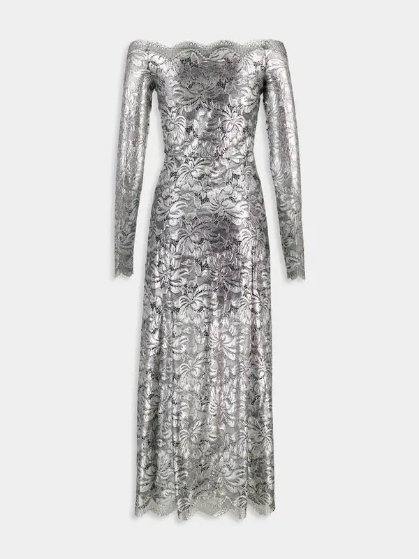 Rabanne Foil Lace Long Dress - Silver