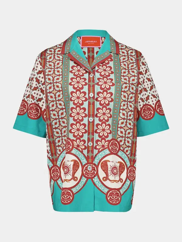 La DoubleJ Pagoda Placée Cotton Poplin Bowling Shirt - Blue