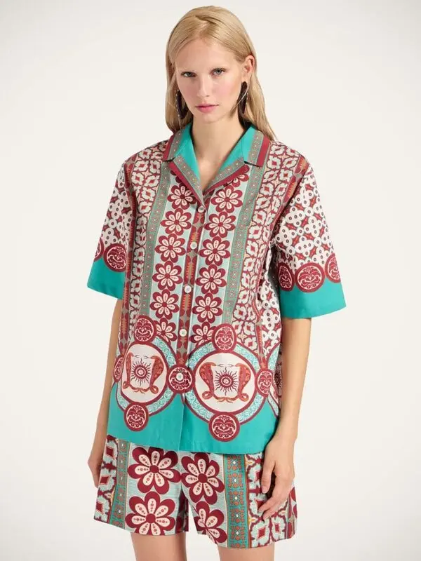 La DoubleJ Pagoda Placée Cotton Poplin Bowling Shirt - Blue