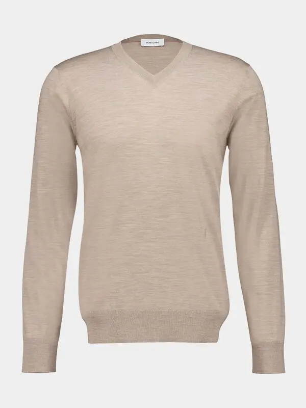FERRAGAMO Virgin Wool V-neck Sweater - Beige