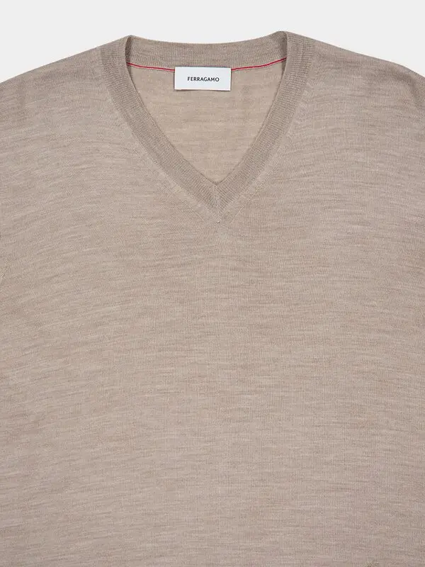 FERRAGAMO Virgin Wool V-neck Sweater - Beige