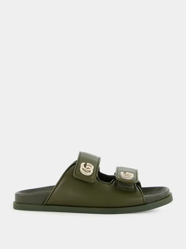 Gucci Dark Leather Sandals With Crystals - Green