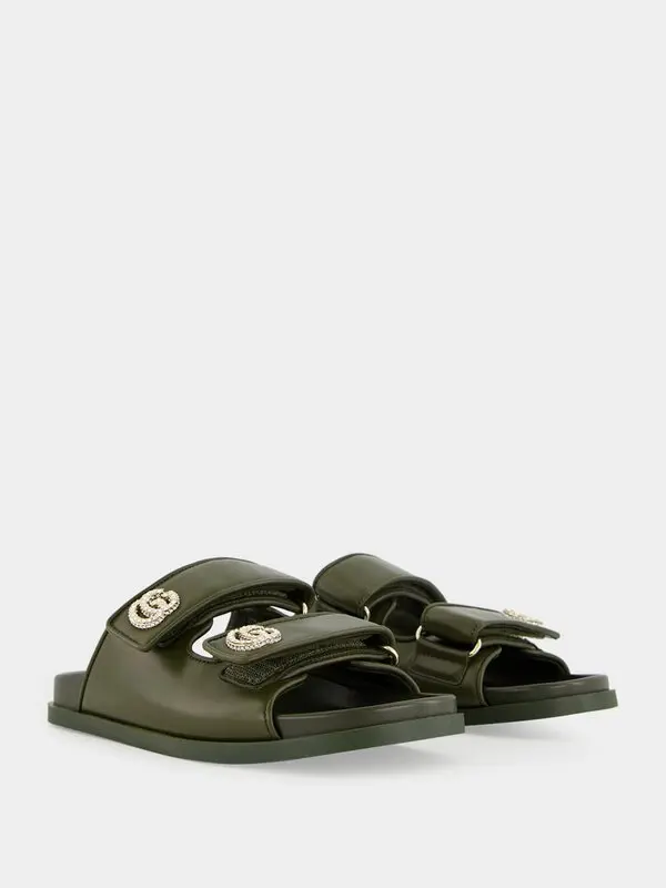 Gucci Dark Leather Sandals With Crystals