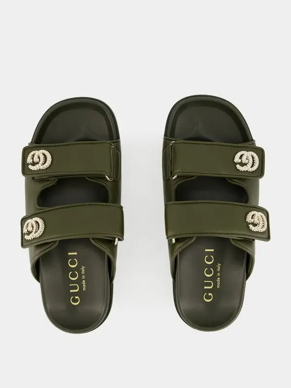Gucci Dark Leather Sandals With Crystals