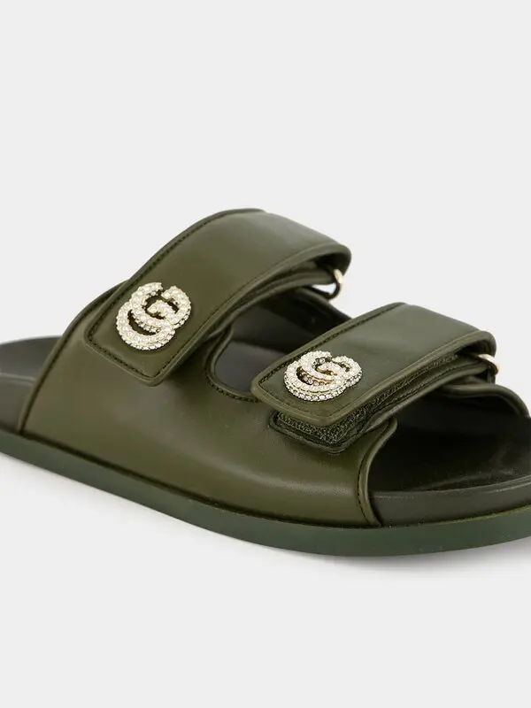 Gucci Dark Leather Sandals With Crystals